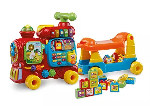 VTech - Maxi Train 5 i 1, evolutionært legetøj med fem spiltilstande, aktivitetspanel, stakblokke, rollator, ride-on og trolley, spansk version (80-181922)