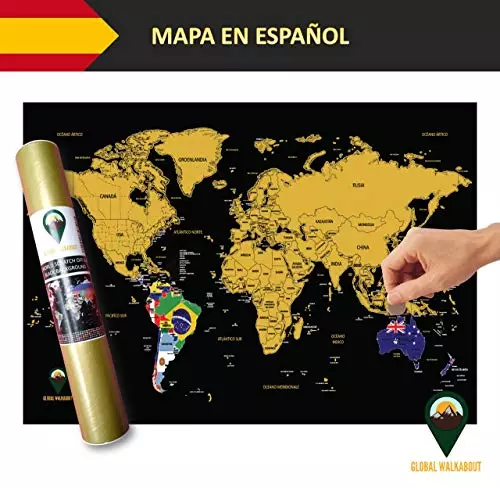 Global Walkabout ESPANHOL - Raspe mapa com fundo de bandeiras - Cartaz Deluxe do mapa do mundo - Países e fatos - Presente de viagem - TURNÊ MUNDIAL