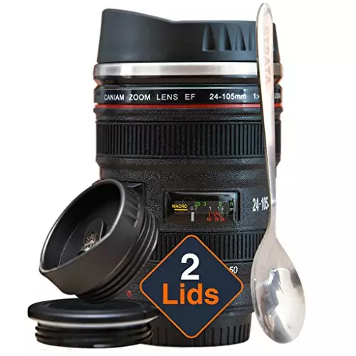 Caneca Térmica STRATA CUPS em formato de lente de câmera - 2 TAMPAS + COLHER DE PRESENTE! Garrafa térmica de aço inoxidável 400 ml com tampas seladas e retráteis, presente ideal para fotógrafos