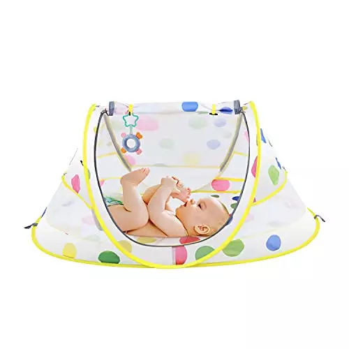 STLOVE Travel Crib Sleep N Play Centre Easy Transport Ukusonga kwangoko ngeMatrasi 49*68.5*111 cm Magic Zipper Baby Crib Tent Light Weight Pop-up Mosquito Net Yellow Pinki