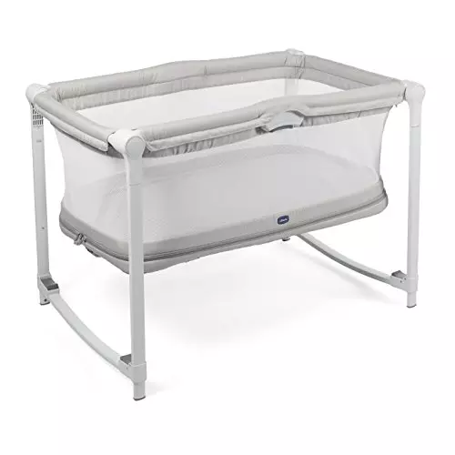 Chicco Zip&Go, Convertible Cot for Babies and Children from 0 to 2 Years, Foldable and Compact Travel Cot with Rocker Mode, Baby Bed with Breathable Mattress and Mesh Sides - Gray (Glacial)