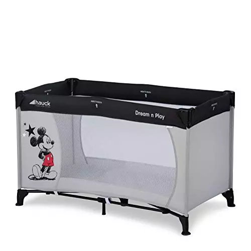 Łóżeczko turystyczne Hauck Disney Dream N Play, dla niemowląt i dzieci od urodzenia do 15 kg, 120 x 60 cm, składane, kompaktowe, lekkie, w tym torba transportowa, Myszka Miki, szara