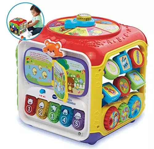 VTech - Divercubo دریافتیں، ملٹی ایکٹیویٹی کیوب اس کے 5 انٹرایکٹو سائیڈز، میوزیکل بک، پیانو کیز، آپس میں جڑے ہوئے ٹکڑے، رنگ، جانور (80-183422) پر کھیل کی 6 شکلیں دریافت کرنے کے لیے