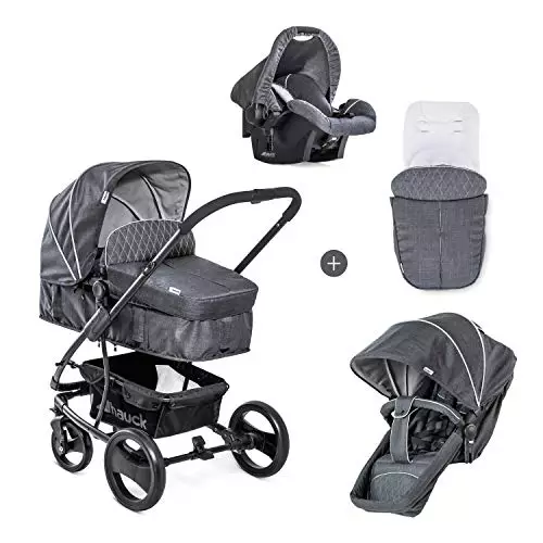 Hauck Pacific 4 Shop N Drive - 6-Piece Baby Carriage, ukuya ku 25 kg, Group 0+, Convertible Carrycot, Reversible Seat, Mattress, Carrycot Cover, Footcover, Footmuff, Light, Melange Charcoal (Grey)