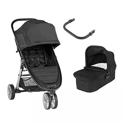 Baby Jogger City Mini 2 Duo Jet – kompaktní tříkolový kočárek + korbička + přední madlo v černé barvě