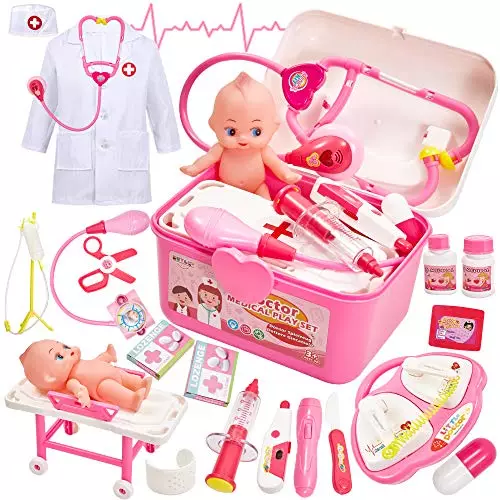 Comprador Maleta Médica Brinquedo Kit de Primeiros Socorros Kit Traje Médico Enfermeira Acessórios com Luzes e Sons Dramatização para Crianças Menina 3 Anos (Rosa)