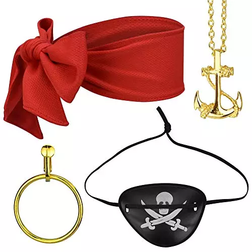 LYTIVAGEN 4 Pcs Bajak Laut Kostum Aksesoris Merah Busur Kepala Syal Bungkus Bajak Laut Bandana Mata Patch Kalung dengan Anting-Anting Emas Kapten Bajak Laut Kostum Aksesoris untuk Halloween