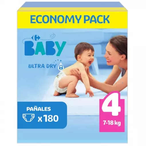 Carrefour Baby Ultra Dry Pieluszki Rozmiar 4 (7-18 kg) 180 sztuk