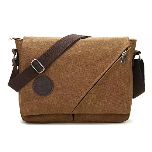 Eshow Canvas Stoffen Schouder Crossbody Tassen voor Heren Laptop Messenger Bruin