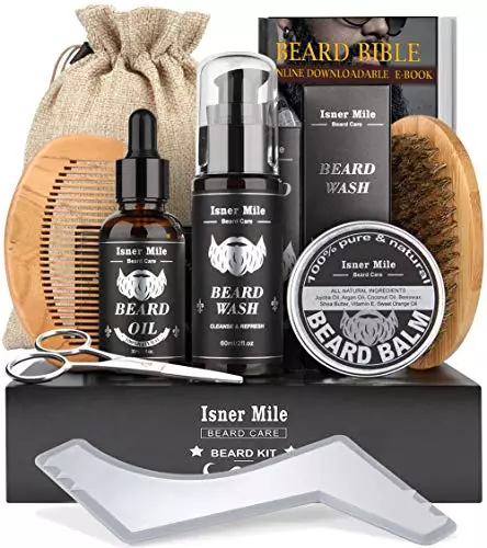 Baardverzorgingsset voor mannen, verzorgings- en trimgereedschapset met baardshampoo, baardgroeiolie, balsem, borstel, kam, schaar, baardgids, beste cadeaus voor Lui e PaPa