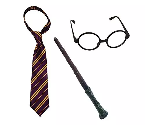 MiniMochi Harry Wand Gözlük Kravat Seti Potter Sihirbazı Aksesuarları Çocuklar için Yetişkinler Cadılar Bayramı Karnaval Parti Doğum Günü Cosplay Kostüm, 3 Adet