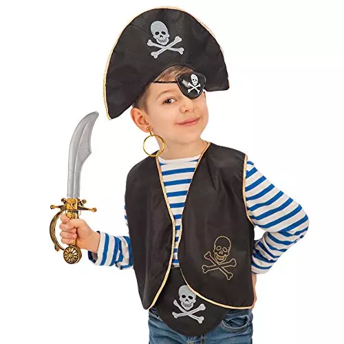 Carnival Toys - Ensemble de pirate pour garçon : chapeau, écusson, gilet, boucle d'oreille, épée et ceinture dans un sac à tête, noir (662)