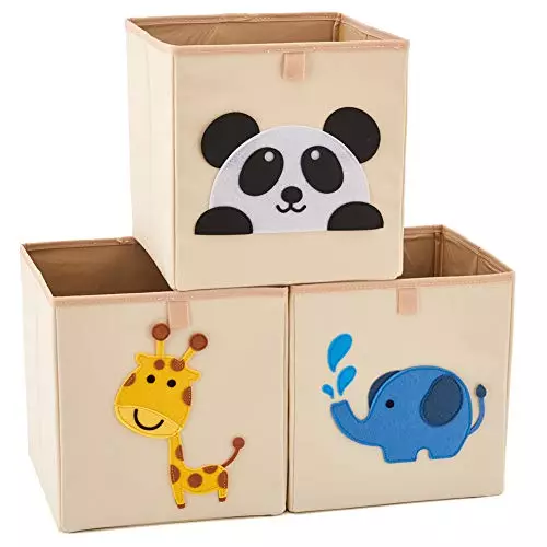 EZOWare 3 pcs Storage Box, Decorative Tall Fabric Cube Box for Storage in the Children, Toys, Home and Office - (26.7 x 26.7 x 28cm, assorted animal)