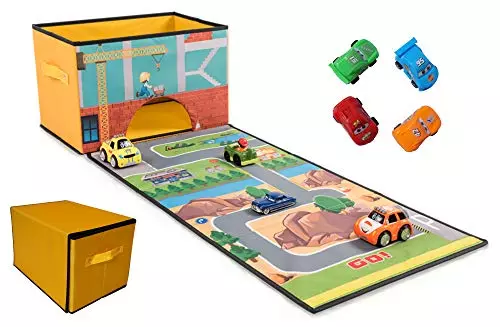 Ang Moji Collapsible Toy Storage Box nga adunay Race Track ug 4 Spring Toy Cars, Lightweight Foldable Toy Organizer, Dali nga Dal-on ang Toy Box nga adunay mga Handle.