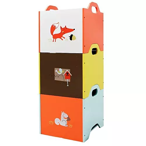 Labebe Wooden Shelf, Orange/Yellow/Blue Fox 3 Stackable Baby Organizer, බබා, ගැහැණු ළමයා සහ පිරිමි ළමයා සඳහා ලී ගබඩා පෙට්ටිය, ගබඩා පෙට්ටිය/ළමා සංවිධායක/ලී ගබඩා පෙට්ටිය