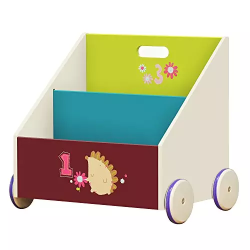 Labebe Kinder-Bücherregal aus Holz, grün bedrucktes Igel-Bücherregal, Bücherregal mit Rollen für 1-3 Jahre, farbiges Bücherregal/Kinder-Holz-Bücherregal/Kinder-Bücherregal-Möbel/Zimmerregal