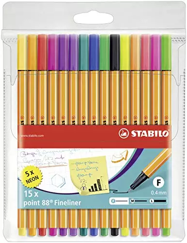 STABILO point 88 fine point marker - etui s 15 barvami (5 fluor)