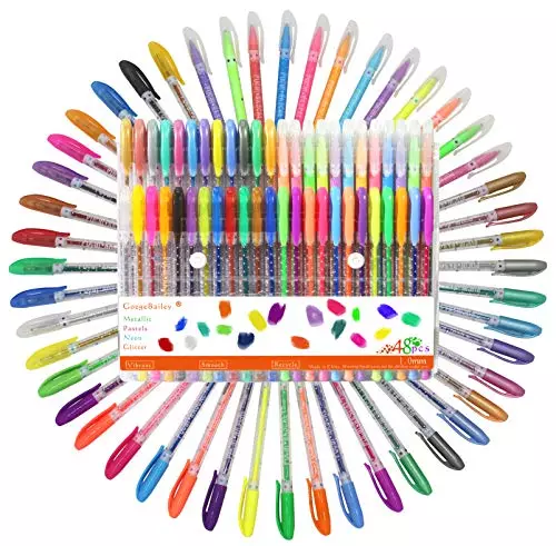 Geliniai rašikliai, yra blizgučiai, neoniniai, pasteliniai, metaliniai, skirti iškarpoms, dažymui, piešimui, eskizams ir piešimui, pakuotė 48, 1,0 mm