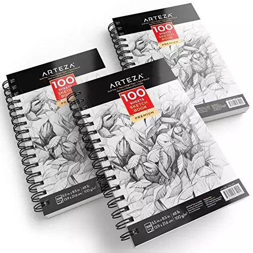 ARTEZA Sketchbooks | Balení 3 sešitů se spirálou se dvěma kroužky | 100 listů každý | Tlustý papír pro skici | Rozměr 13,9 x 21,6 cm | Tloušťka 100gsm | Bez kyselin | Zářivě bíla