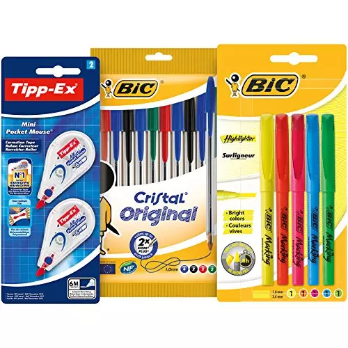 BIC ja Tipp-Ex Tagasi kooli komplekt, mis koosneb 10 pliiatsist, 5 fluorestseeruvast markerist ja 2 parandusteibist