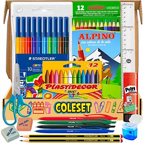 回到學校包和學校文具包 — 小學用木製鉛筆、記號筆、蠟筆和配件