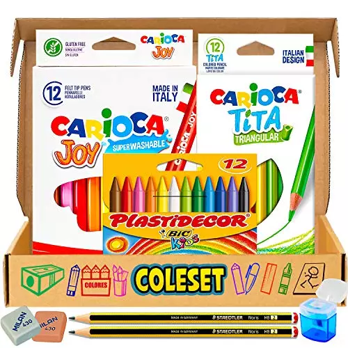 Tagasi koolipakk ja koolitarvete pakk - puidust pliiatsid, markerid, värvipliiatsid ja tarvikud algkooli jaoks