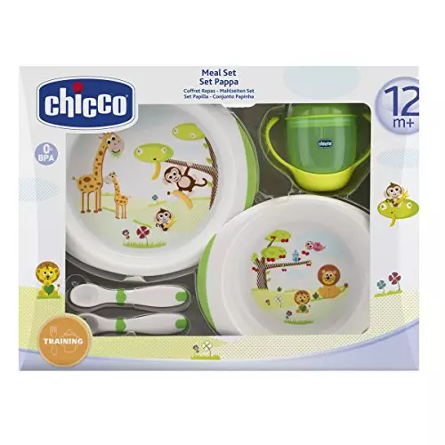 Chicco - Set sa mga pinggan ug kubyertos sa mga bata (mga plato, kubyertos ug baso), 12m+