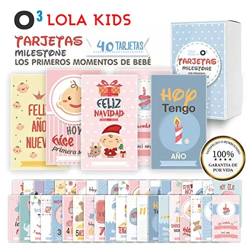 O³ Mylpeal Baby Cards Lola Kids - 40 kaarten yn Spaansk foar Baby syn earste jier mei Gift Box - Unyk ûntwerp | Keepsake Cards - Mylpeal Cards - Newborn Gifts - Babyshower