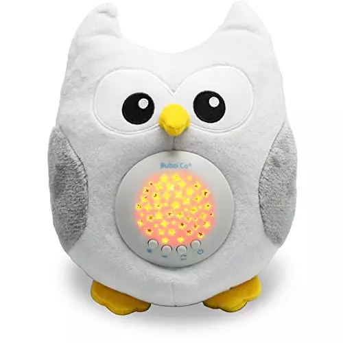 Bubzi Co berouegend Nuetslicht a berouegend Sound Emitter - Baby Plüsch mat wäissem Kaméidi an LED Star Projektor an 10 Lullabies - Ideal Kaddo fir Baby