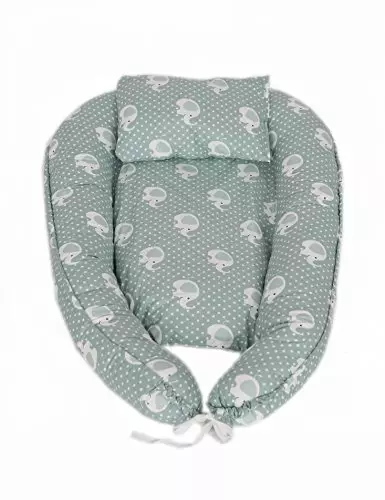 MyHoppi Baby Nest, Reesbett, Kleederschaaf, multifunktionell Decken Nest fir Puppelcher a Puppelcher, Baby de nido Cuna 100% Koteng (80 x 45 cm) brong Elefant-Grün