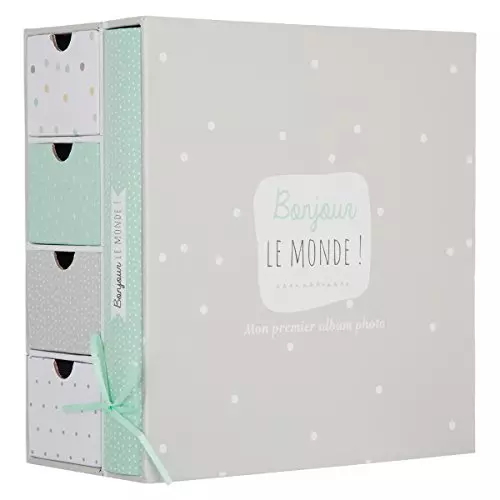 2 yn 1 Birth Keepsake Box + Foto Album - Kleur TAUPE en ljocht GREEN