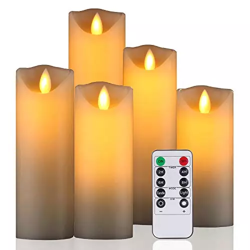 Lilin LED Daby, 5 Lilin Dekoratif (14cm, 15cm, 16cm, 18cm, 20cm), lilin flameless 300 jam lan remot kontrol 10 tombol. Senter LED sing kedhip, digawe saka parafin nyata