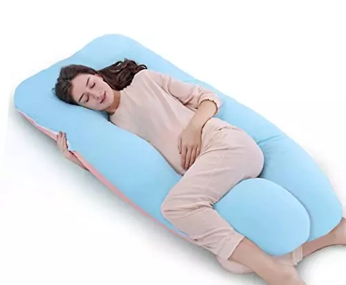 QUEEN ROSE U字型枕、取り外し可能で洗えるカバー付きの妊娠および出産用枕（140 x 78 cm、コットン、ブルー、ピンク）