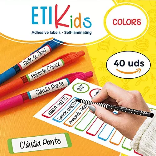 ETIKIDS 40 veeldoelige aanpasbare gelamineerde kleefetikette (kleur) vir kleuterskool en skool.