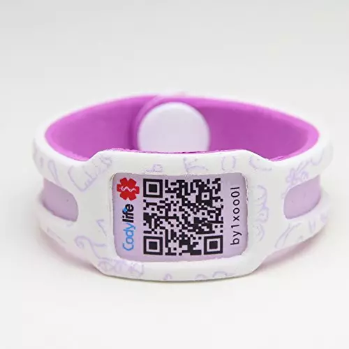 Codylife KIDS identifikationsarmbånd. Eva gummiarmbånd udstyret med en QR-kode og tomme mellemrum til at skrive data med en permanent markør. (Hvid/lilla, MINI (kontur 13 cm))