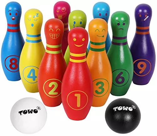 Toys of Wood Oxford TOWO Pins Bowling an bwa pou timoun - jwèt Bowling an bwa ak emosyon figi ak nimewo - 10 PIN Bowling jwèt pou timoun andedan kay la ak jwèt jaden - 2 zan