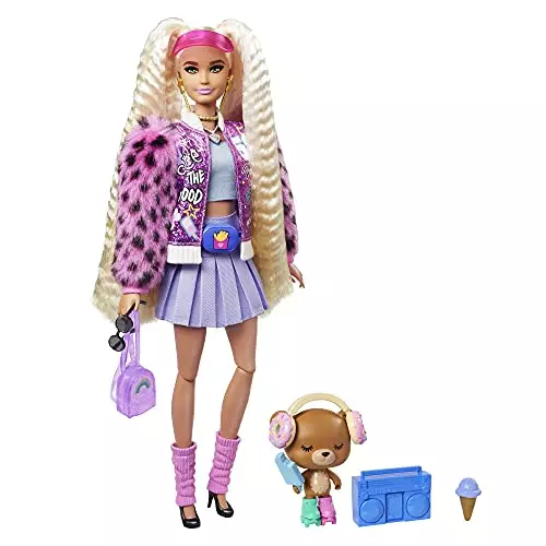 Barbie extra kĺbová blond bábika s vysokými chvostmi, módnymi doplnkami a zvieratkom (Mattel GYJ77)