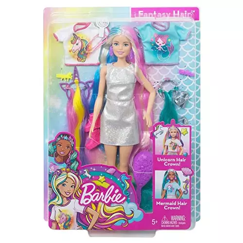 Barbie Hair Fantasy Doll untuk digayakan dengan aksesori fesyen dan ikat kepala dengan sorotan unicorn dan ikan duyung (Mattel GHN4)