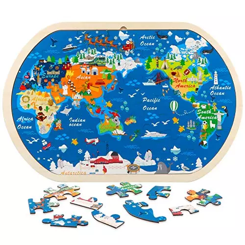 Jacootoys Puzzles de madeira Xoguetes educativos Bebés Puzzle de 31 pezas do mapa do mundo para nenos de 3 a 6 anos