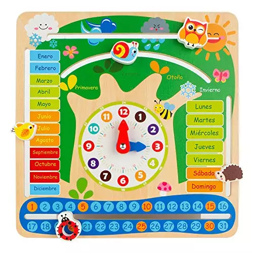 WOOMAX - Ceas cu calendar educațional din lemn natural (ColorBaby 43896)