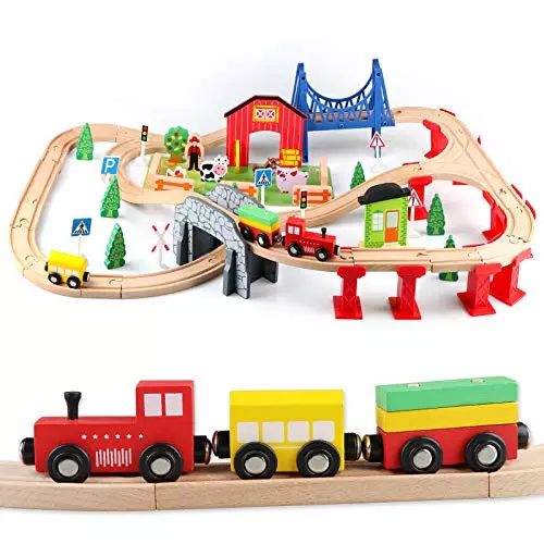 Jacootoys Tren xoguete madeira 80 pezas coches e pista de madeira bloques de construción xoguetes educativos 3 4 5 6 anos nenos e nenas