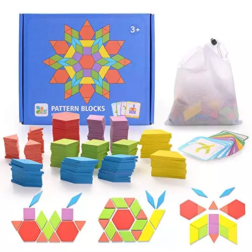 Puzzle-uri HellDoler pentru copii 3 ani, Tangram, Montessori, 155 buc. Set blocuri din lemn Montessori Puzzle cu forme geometrice, DIY Montessori Tangram, 24 bucăți carduri de design pentru copii