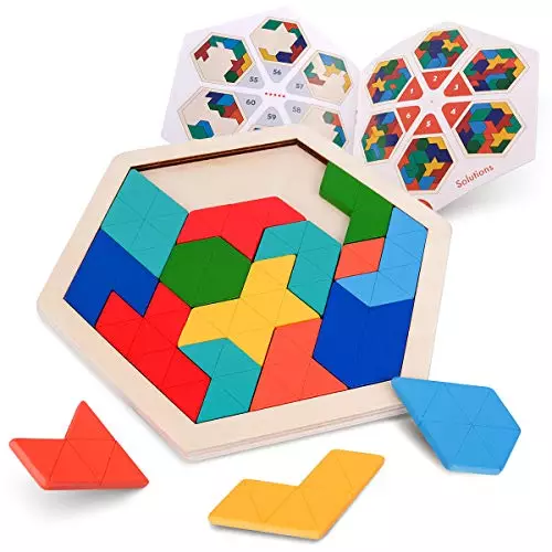 Coogam drvena slagalica za djecu - uzorak u obliku šesterokuta Tetris blok Tangram Logic IQ Game Stem Montessori mozgalica Poklon za tinejdžere