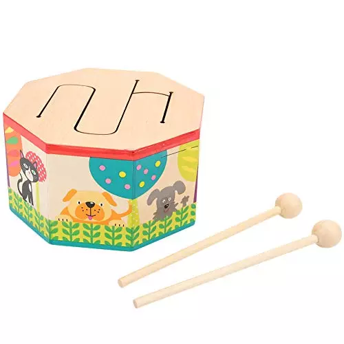 Pssopp Handheld Wooden Musical Toy Drum Mini Percussion Instrument Drum Montessori Percussion Instrument with 2 Mallets for Baby Kids Gift