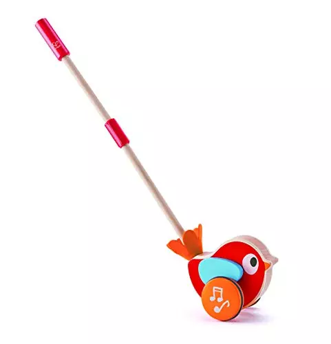 Hape Push Lilly - Wooden Baby Bird Walking Push Toy, Children's Toy with Detachable Stick