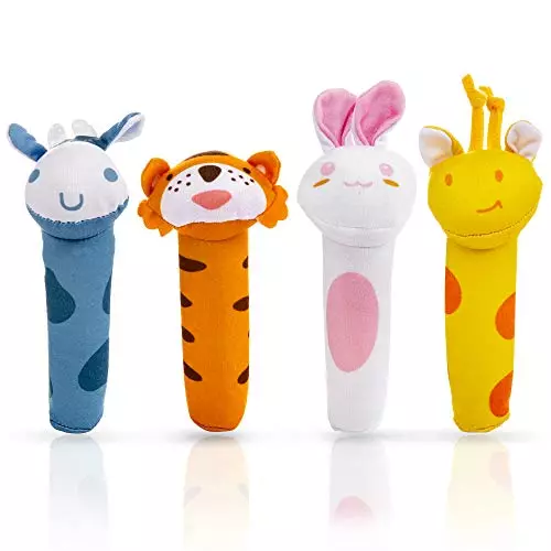 MOOKLIN ROAM 4 Pieces Plush Doll Rattle Toy, Soft Stuffed Baby Sense Animals Plush Toy for 3 6 9 12 Months Infant (Giraffe, Tiger, Bunny, Calf)