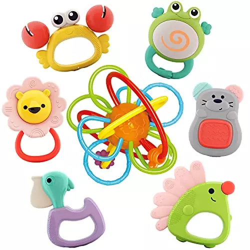 ຊຸດຂອງຫຼິ້ນ Nene ຂອງ 7 ສີ rattles ແລະ teethers ສໍາລັບເດັກນ້ອຍແລະເດັກນ້ອຍຈາກ 6 ເດືອນ - ປະກອບມີ 1 ແຫວນແຂ້ວພິເສດ + 6 ສັດທີ່ມ່ວນຊື່ນທີ່ບໍ່ມີ BPA - ການກະຕຸ້ນຄວາມຮູ້ສຶກແລະສະຕິປັນຍາ