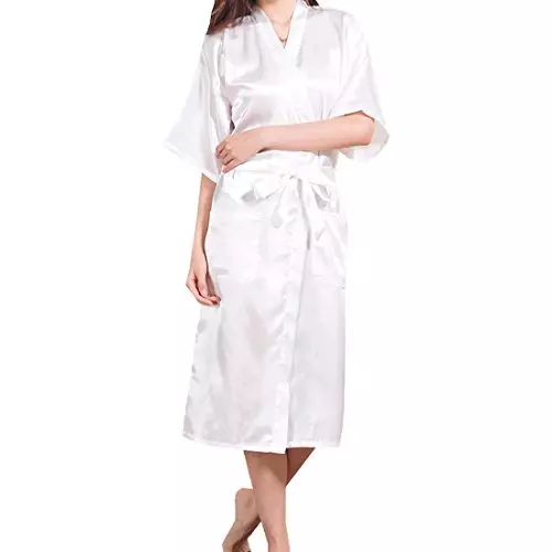 Sidiou Group Nightdress Satin Robe Long Kimono Dress Phụ nữ Pyjamas Sleepwear Áo choàng tắm (L, Trắng)