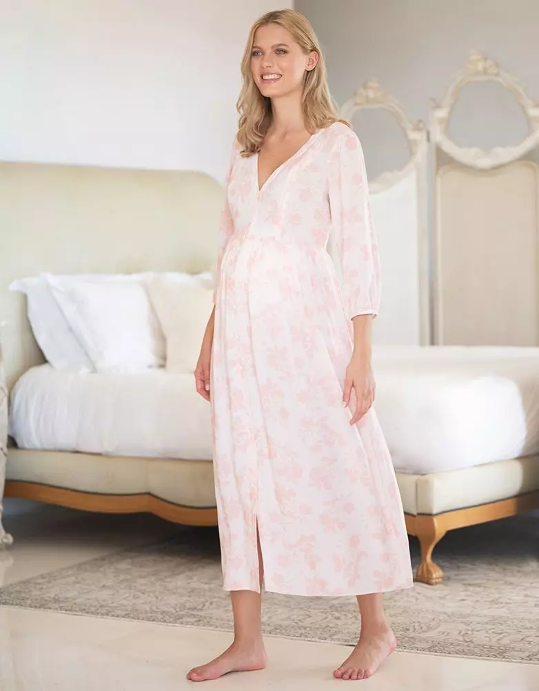 Retro Floral Print Maternity to Nursing Midi Nightgown