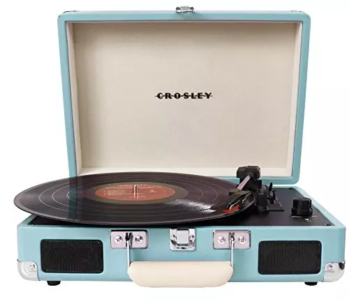 Crosley Cruiser Turquoise 3-Speed Portable Vinyl Turntable e nang le Libuela-pele tsa Stereo, Plug ea UK